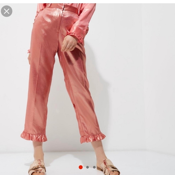 River Island | Pants & Jumpsuits | River Island Pink Metallic Frill Hem Cropped Pants | Poshmark
